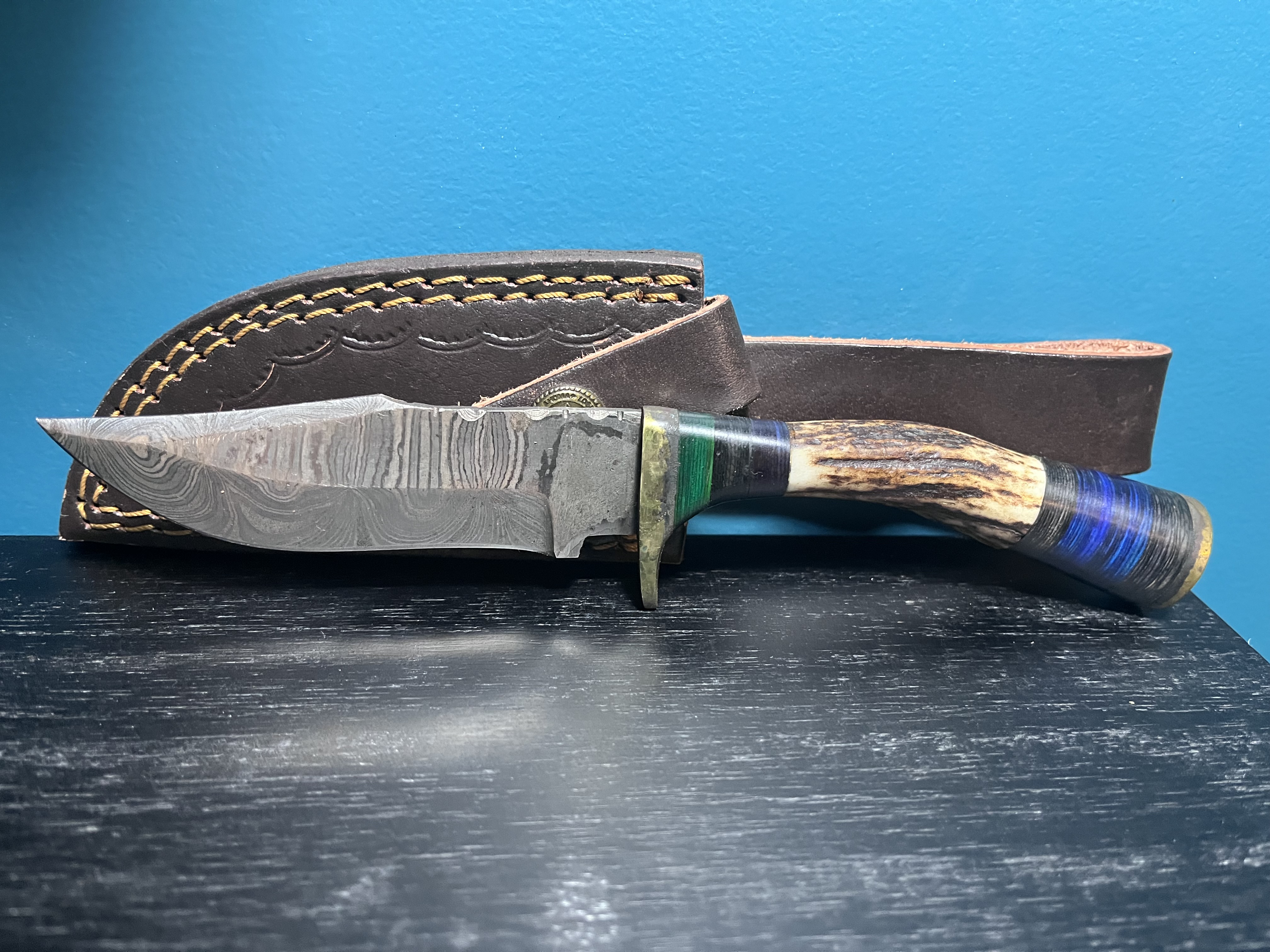 8” CUSTOM HANDMADE DAMASCUS STEEL STAG KNIFE WITH SHEATH